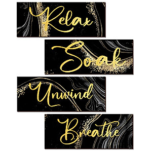 4 Pieces Bathroom Relax Soak Unwind Breathe Wall Art Wooden Hanging Signs Rustic Vintage Farmhouse Gold Wall Decor for Home Laundry Spa Room (Classic Style, 10 x 4 Inch)