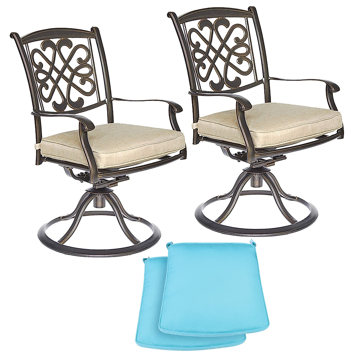 CASUAL WORLD Aluminum Patio Swivel Dining Chairs Set of 2, All-Weather Outdoor Gentle Rocker Chairs Bistro Chairs with 4 Seat Cushions for Garden Backyard Poolside, Beige & Light Blue