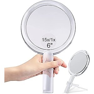 B Beauty Planet Handheld Mirror with Handle Double Sided, 1x/15x Magnifying Hand Mirror for Women, Hand Held Mirror with Adjustable Stand, 6"