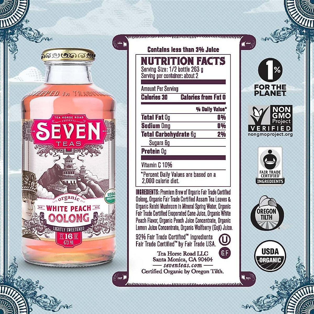 SevenTeas White Peach Oolong Tea, Organic Bottled Iced Teas 16 OZ (Pack of 12 Bottles)