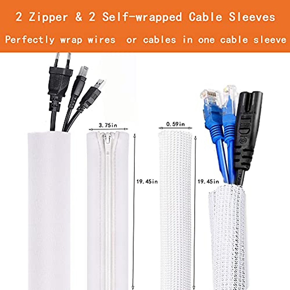 140pcs Cable Management Organizer Kit with Cable Sleeve Split,Self Adhesive Cable Clip Holder and tie, Self-Locking Cable Ties Premium Cord Management Kits for TV Computer Office Home (White)