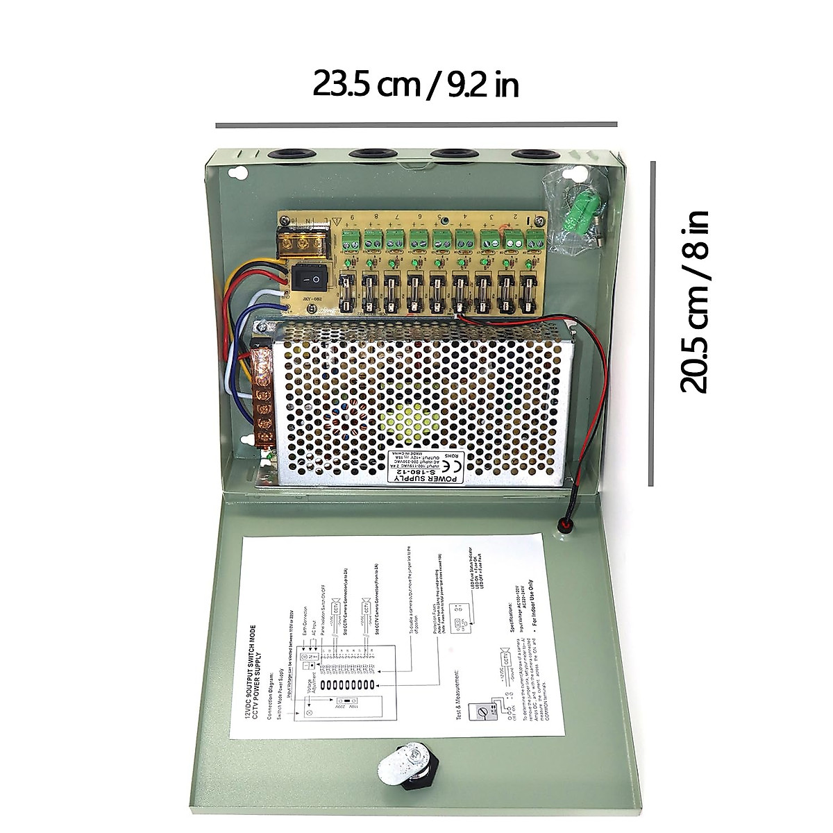 AOMUCH 9 Output Channel CCTV Glass Fuse Distributed Power Supply Box for Security Camera DC 12V 10A w/Key Lock