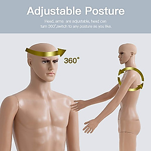 Mannequin Dress Form Sewing Dress Model Full Body Male Adjustable Manikin 73 inch Mannequin Stand Realistic Mannequin Display Head Dress Mannequin Clothing Fashion Show Form Metal Base Stand