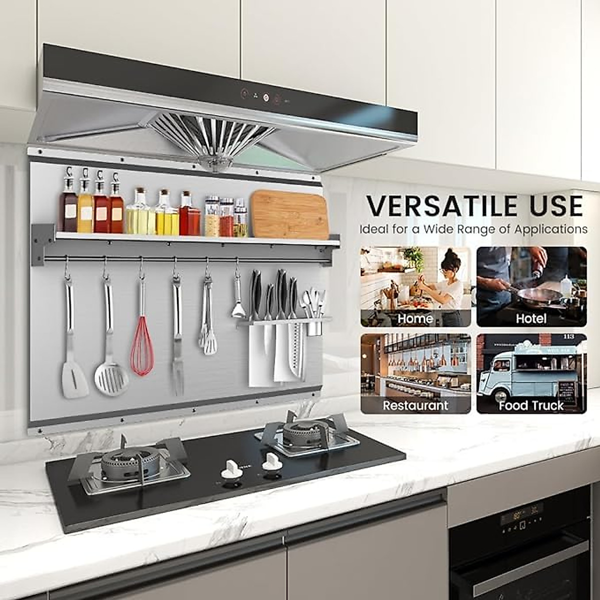 VENFAN Range Backsplash, 36 x 30 Inch Wall-Mounted Stainless Steel Backsplash with Built-in Storage Shelf & Hanging Rack, Stainless Steel Backsplash for Stove Easy Installation