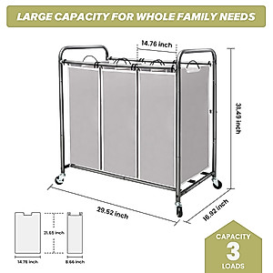 STORAGEIDEAS Laundry Sorter Hamper with Wheels, Heavy-Duty Laundry Sorter Rolling Cart, Lockable Wheels and Removable Bags, 3 Sections, Grey