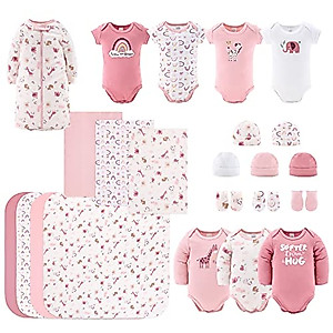 The Peanutshell Newborn Clothes & Accessories Set - 23 Piece Baby Girl Layette Gift Set - Fits Newborn to 3 Months - Rainbow & Safari, Pink