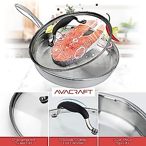 AVACRAFT 10 Inch Tri-Ply Stainless Steel Frying Pan with Lid, Side Spouts, Induction Pan, Versatile Stainless Steel Skillet, Fry Pan in our Pots and Pans (Tri-Ply Stainless steel,10 Inch)