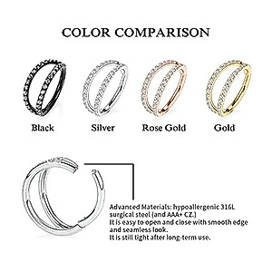 AROWRO Helix Rook Earrings Septum Hoop Nose Hoop CZ 20G Rose Gold 8mm Double Open Stack 316L Surgical Steel Daith Tragus Cartilage Piercing Jewelry Sleeper Earring
