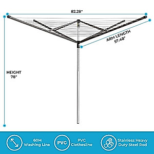 Bizvalue Clothesline Outdoor Rotary Dryer, 4 Arms Foldable Heavy Duty Height Adjustable Clothes Drying Rack, 196FT Drying Space, Hang Wet or Dry Laundry