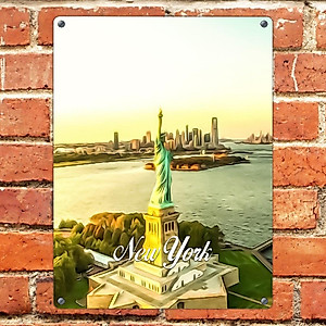 Autravelco Rustic Metal Signs Skyline New York City Landscape Wall Decor Aluminum Metal Sign for Coffee Bar Terrace Business USA Street Painting State Building Art Poster Gift for Dorm 12x16in