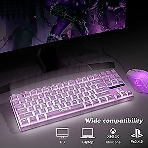 Gaming Keyboard and Mouse Purple Keyboard with White Backlit,CHONCNHOW 87keys LED Keyboard and Mic 3600DPI Wired 19-Keys No Conflict for Windows/Mac/Games（PurpleI，lluminated Key）