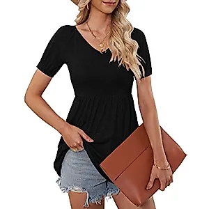 KALEEJOY Women's Casual V-neck Slim Tunics Shirts Short Sleeve Waisted Babydoll Blouse Tops for Leggings Summer Female T Shirts, Black, M
