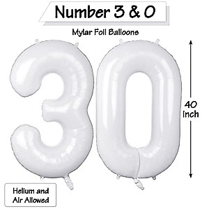 40 Inch White 30 Number Balloons, Jumbo Foil Balloons for 30th Birthday Party Decorations Supplies / 30th Anniversary Event