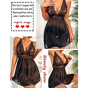 Avidlove Women V-neck Lace Babydoll Mesh Chemise Sleepwear Sexy Open Back Lingerie Black Large