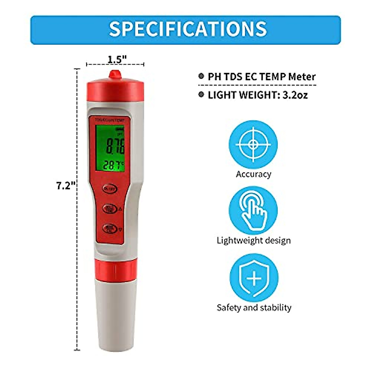 iPower pH Meter Digital 4-in-1 TDS/EC/Temp Water Tester for Pools, Ponds, Lab, Aquariums with Backlight, 2-Pack