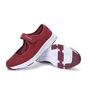 WEUIE Mary Jane Shoes for Women,Women's Comfortable Breathable Fitness Running Sports Shoes Lightweight Mesh Sneakers Wine