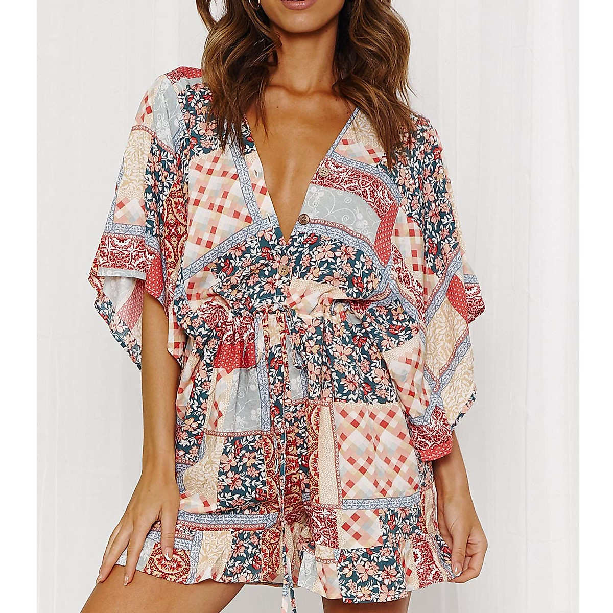 Bravetoshop Women's Boho Floral Print Romper Sexy Deep V Neck Batwing Sleeve Drawstring Waist Short Jumpsuits (Pink,XL)