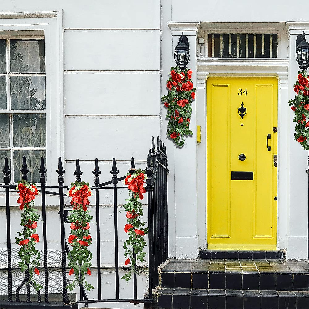 VIOCIWUO 2PCS Artificial Rose Vine Flowers, Fake Garland Plant Hanging Silk Rose Vine for Wall Home Balcony Garden Wedding Indoor Outdoor Decoration(Red, 35.4 Inch)