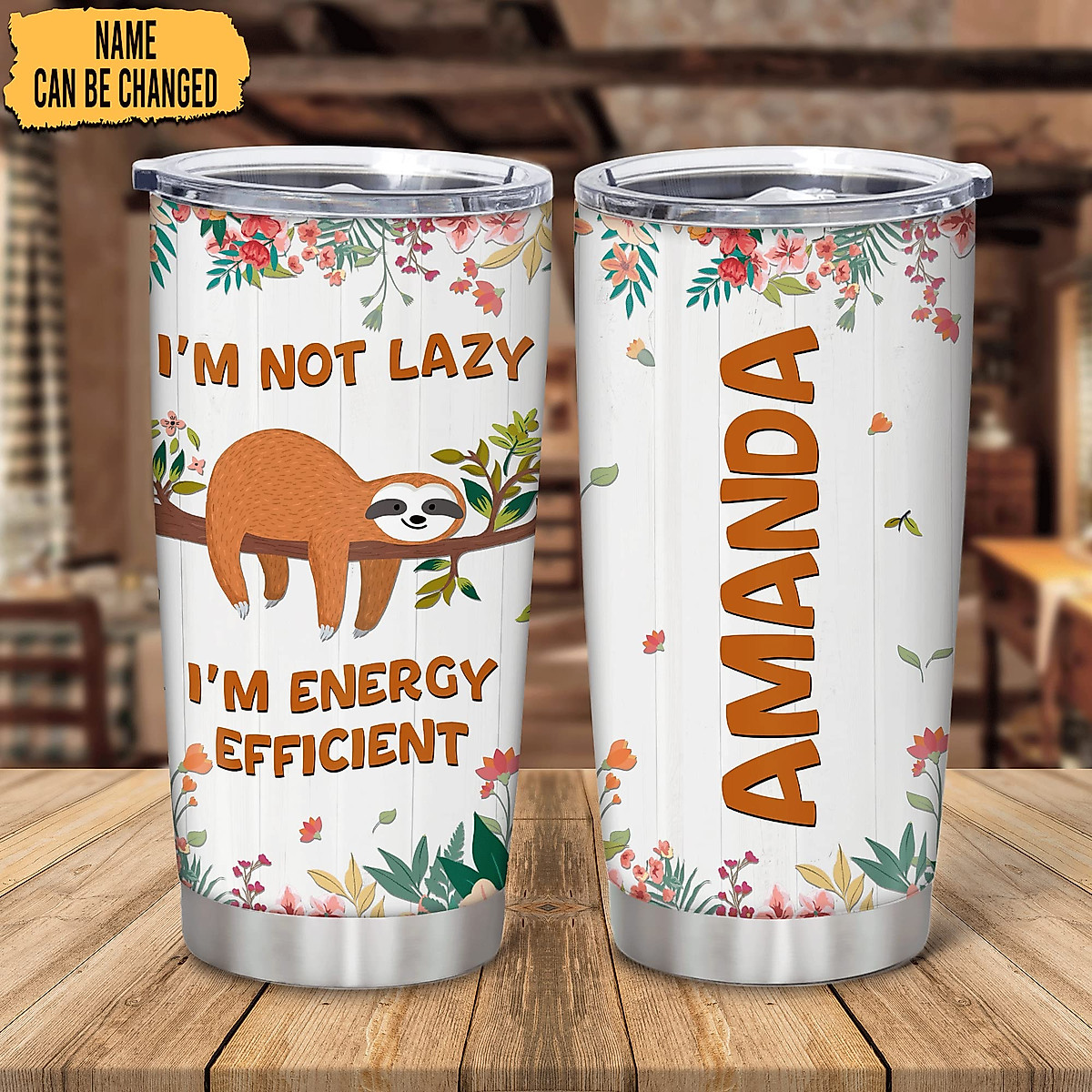 Hyturtle Personalized Gifts For Sloth Lover - I'm Not Lazy I'm Energy Efficient Custom Name Stainless Steel Tumbler 20oz With Lid - Idea Animal Lover Gifts For Women Girl On Birthday, Christmas