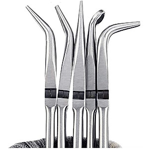 RUNIGOO 5 Piece Long Reach Plier Set - 11” Long Needle Nose Pliers Sets - Straight, 25, 45, 90-Degree Angle, Long Reach Bent Circle Pliers for Hard-to-Reach Narrow Spaces