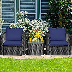 HAPPYGRILL 3-Piece Patio Furniture Set Rattan Wicker Patio Conversation Set with Coffee Table and Cushions Outdoor Sofa Set for Garden Balcony Porch Poolside