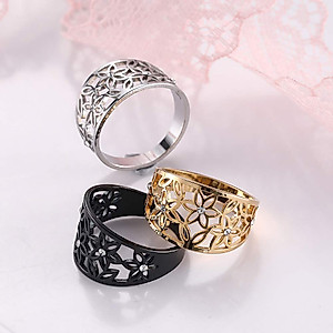 LIKGREAT Flower of Life Rings Shiny Rhinestone Flower Ring Wide Eternity Band Ring for Women (gold, 7)
