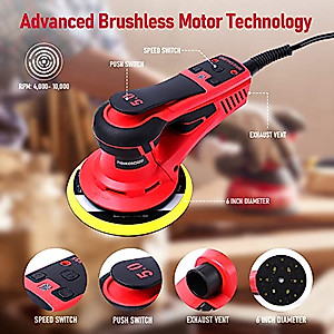 Electric Random Orbital Sander,PioneerWorks Brushless Motor,Powerful 350W & Low Vibration,10000 RPM,6-Inch For Woodworking, Polishing,Carpentry