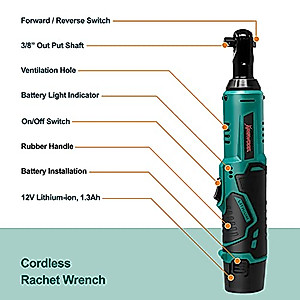 Kinswood Cordless Ratchet Wrench Set, 3/8" 400 RPM 12V Power Electric Ratchet Driver with 12 Sockets, 2x Lithium-Ion Batteries and 60-Min Fast Charge