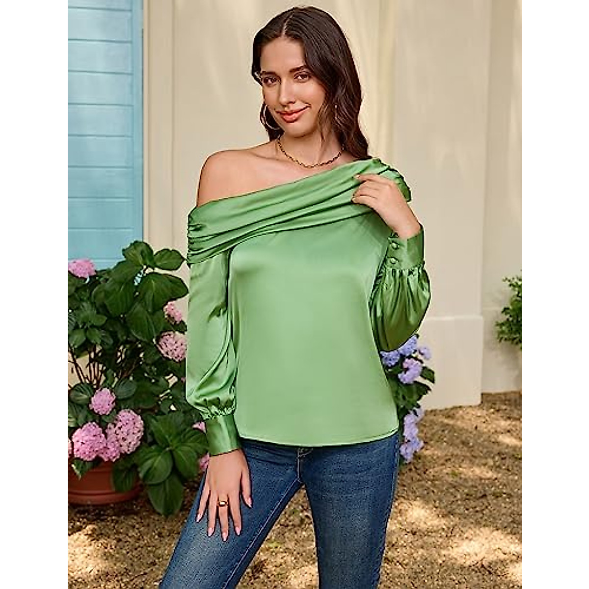 Womens Tops Dressy Casual Sexy Cute Satin Tops Peplum Light Green S