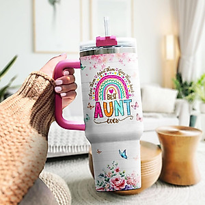 99OWL Aunt Gifts, Women Handle Yellow Camelia Simple Stainless Cups Coffee Auntie Steel Parade Rose Tumblers For, Tumbler 40 Oz With Handle Lid And Straw, Aunt Rainbow Color Floral