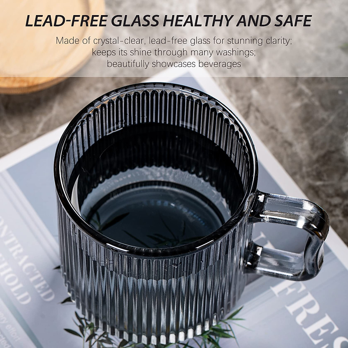 Leadiy Pink Glass Coffee Mug with Lid, Clear Glass Coffee Cups, Classical Vertical Stripes Coffee Mugs for Latte Juice Tea 12.5 Ounces