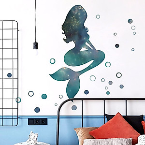 Starry Sky Mermaid Wall Decals Big Mermaid Wall Stickers Peel and Stick DIY Removable Mermaid Green Bubbles Vinyl Wall Art Decor for Kids Baby Bedroom Nursery Bathroom Door Stickers DT-1912