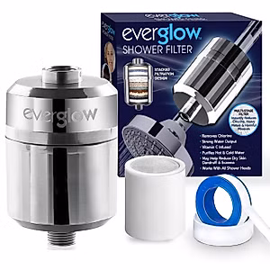 EVERGLOW High-Output Shower Filter, 100% Removes Chlorine, Moisturizes Dry Itchy Skin, Skin and Hair, Helps with Dandruff, Eczema and Vitamin C Infused and Water Softener, 4.7” - Chrome
