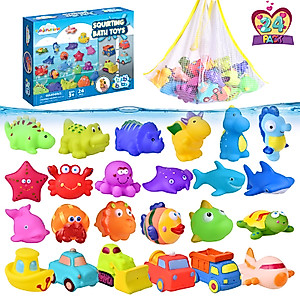 FUN LITTLE TOYS 24 Pcs Bath Toys for Toddlers, Sea Animals & Cars Squirter Bath Toys, No Mold Bathtub Toys with Storage Bag , Baby Bath Toys for Pool, Toddler Bath Toys for Kids Party Favors Age1-3