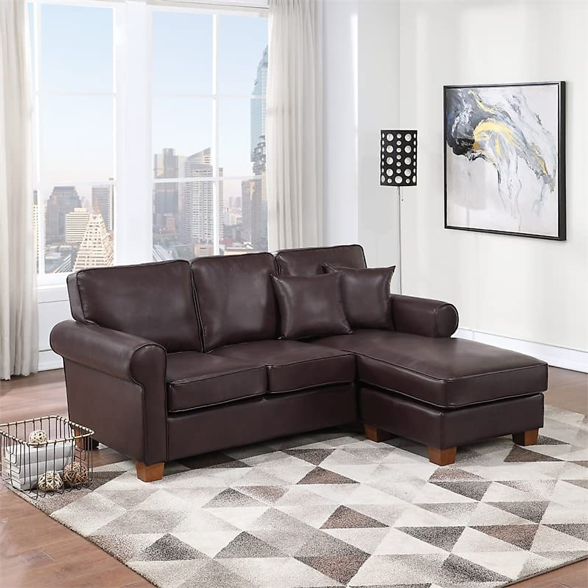 OSP Home Furnishings Rylee Reversible Rolled Arm Sectional Sofa with 2 Pillows and Coffee Finished Legs, Cocoa Faux Leather