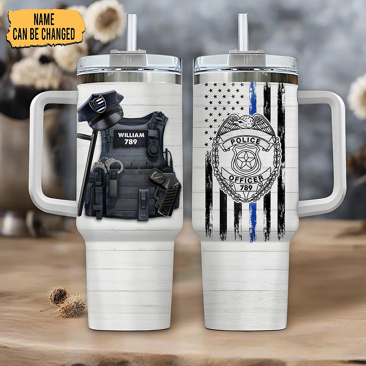 Hyturtle Personalized Police Tumbler Custom Name and Number Thin Blue Line Gifts For Men Police Officer 40 Oz Tumbler With Lid And Straw Birthday Christmas Stuff For Police Officers