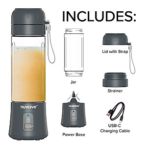 Nuwave Portable Blender for Shakes and Smoothies, On-the-GO Personal Blender with USB-C Rechargeable, 6-Piece-Blade for Crushing Ice, BPA Free 18 Oz Tritan Jar for Travel, Office and Sports