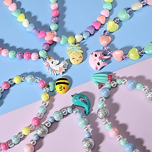 PinkSheep Jewelry Sets Beaded Necklace and Beads Bracelet for Kids Girls 10 Sets Unicorn Cat Bird Owl Necklace and Beads Little Favors Bags for Girls Princess Dress Up Pretend Play