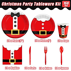 Kepeel 168 Pcs Santa Christmas Party Decorations, Santa Claus Suit Party Paper Plates Napkins Cups, Plastic Forks Knives Spoons Supplies for Winter Holiday Merry Christmas Party Disposable Tableware