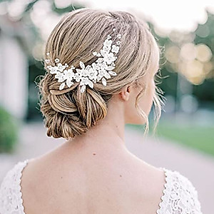 Unicra Silver Flower Bride Wedding Hair Vine Pearl Bridal Hair Piece Rhinestone Hair Accessories Leaf Headband for Women and Girls