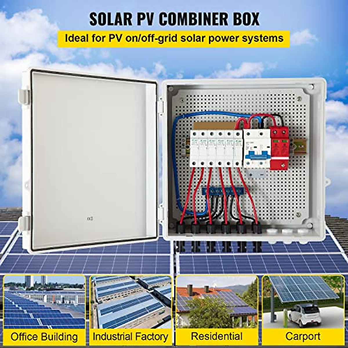 VEVOR PV Combiner Box, 6 String with 15A Rated Current Fuse, 125A Circuit Breaker, Lightning Arreste Connector for On/Off Grid Solar Panel System, IP65 Waterproof, White