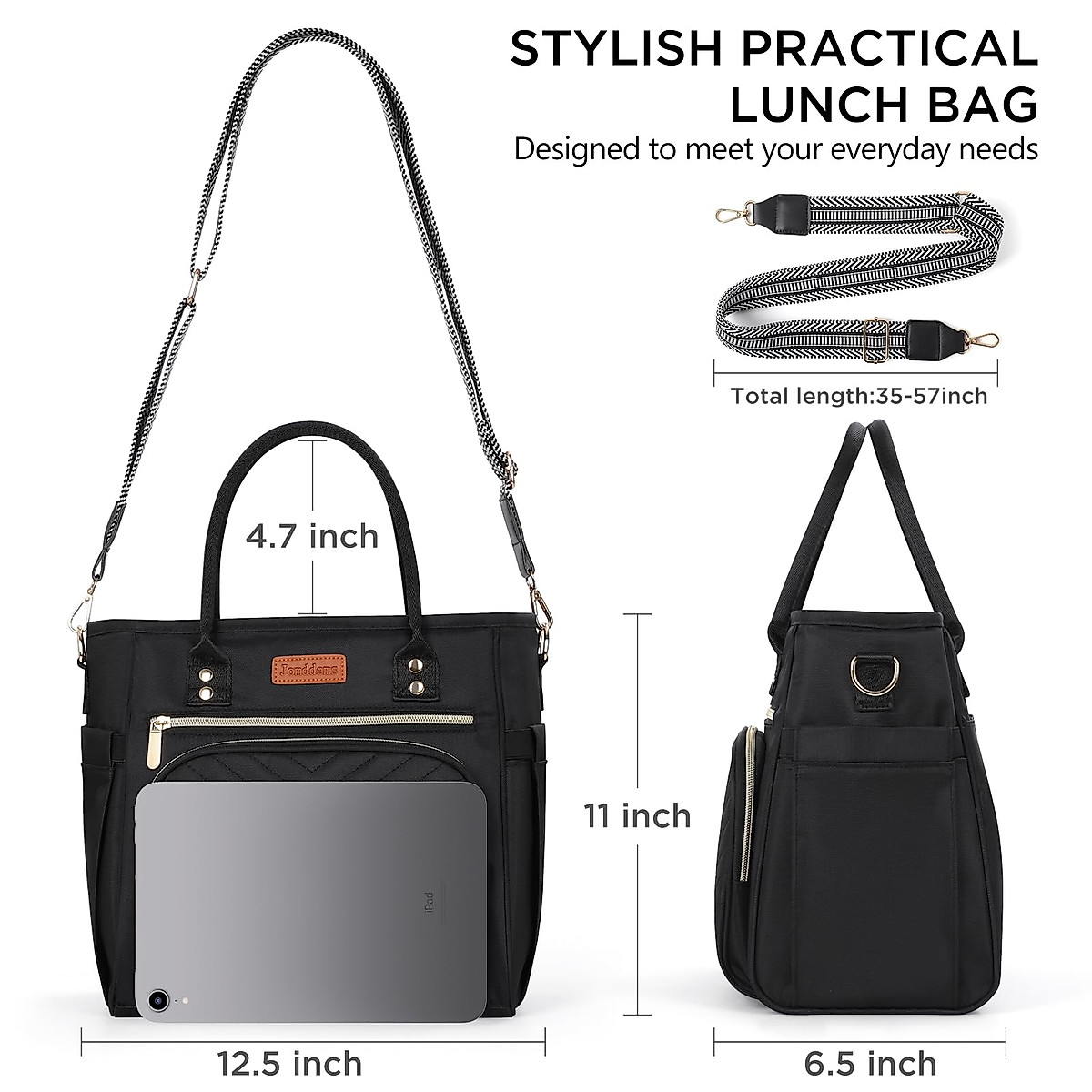 Jomddems Lunch Bag Women,Insulated Lunch Box for Women Men with Shoulder Strap,Portable Reusable Large Adults Cooler Tote Bags for Work Picnic Hiking Beach (Black)