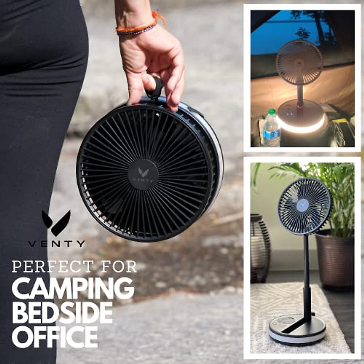 VENTY Original Portable Fan - Wireless Battery Operated Fan With 4 Speeds, Remote Control, Oscillation, & LED Lighting, Travel Rechargeable Fan & Power Bank USB-C Ports, Camping Fan (White with Case)