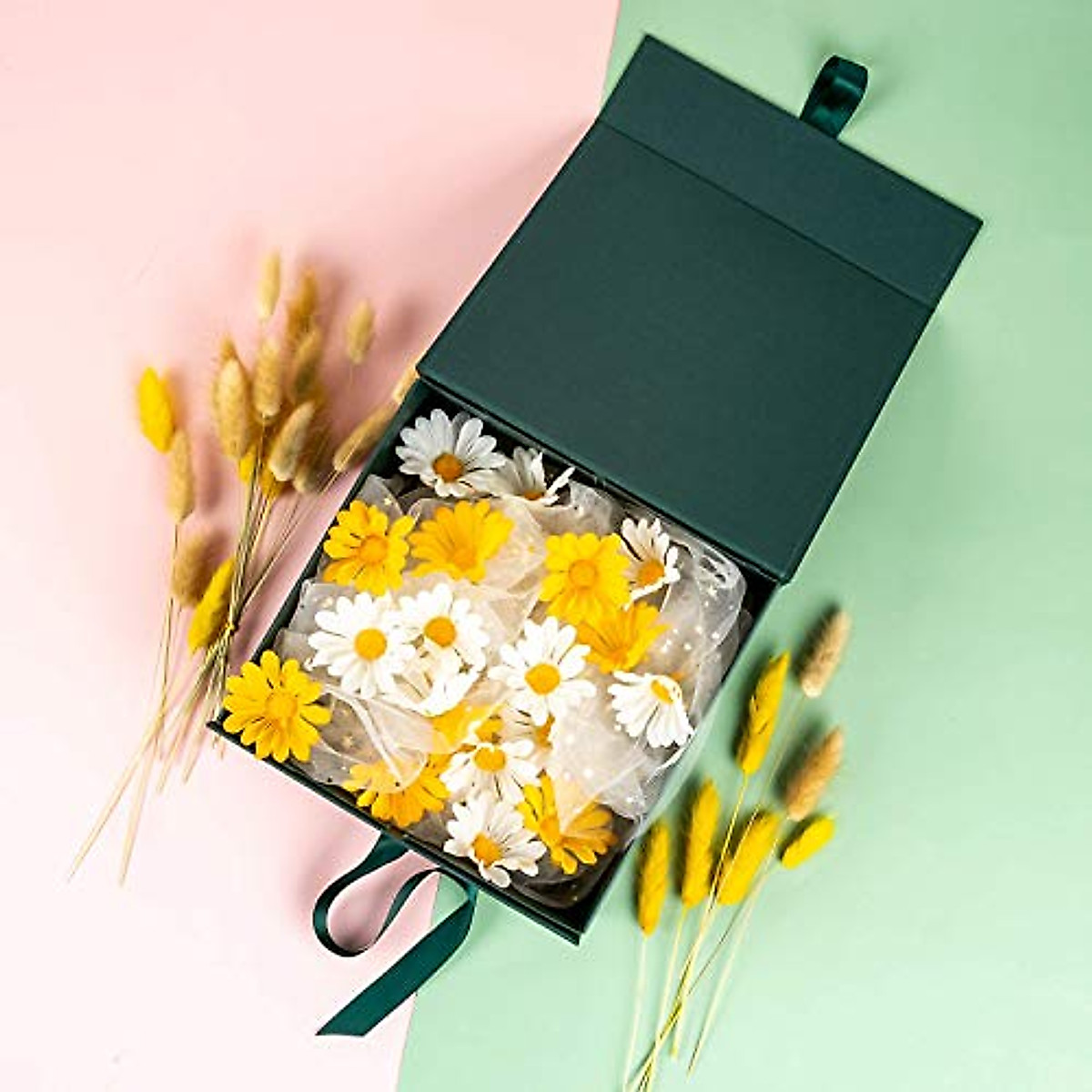 WRAPAHOLIC 2Pcs Green Gift Box with Satin Ribbon, 8x8x4 Inches Collapsible Gift Box with Magnetic Closure for Party, Wedding, Gift Wrap, Bridesmaid Proposal, Storage