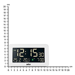 Braun Digital Alarm Clock with Date, Month and Temperature Displayed, Negative LCD Display, Quick Set, Crescendo Beep Alarm in White, Model BC10W.