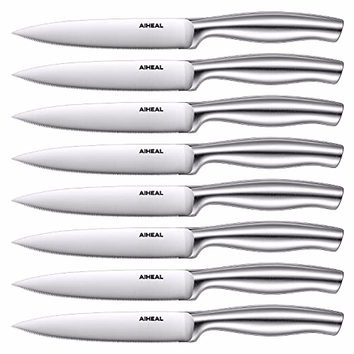 Aiheal Serrated Steak Knife Set, Stainless Steel Steak Knives Set of 8, Never Needs Sharpening Dinner Knives, Micro Serrated Steak Knives with Gift Box