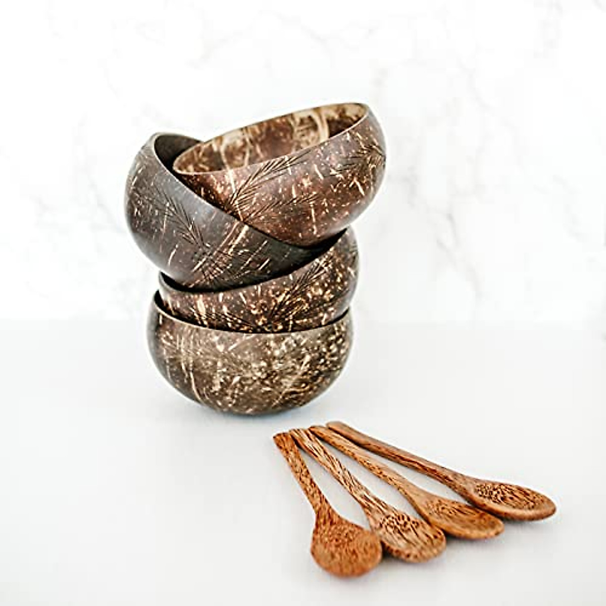 Patterned Jumbo Organic Coconut Bowls with Spoons (coconut bowl), Bamboo Straws, Straw brush and Bamboo Toothbrush (4Pack), Vegan buddha bowl Gifts set. Smoothie bowls, coconut bowls for smoothies.