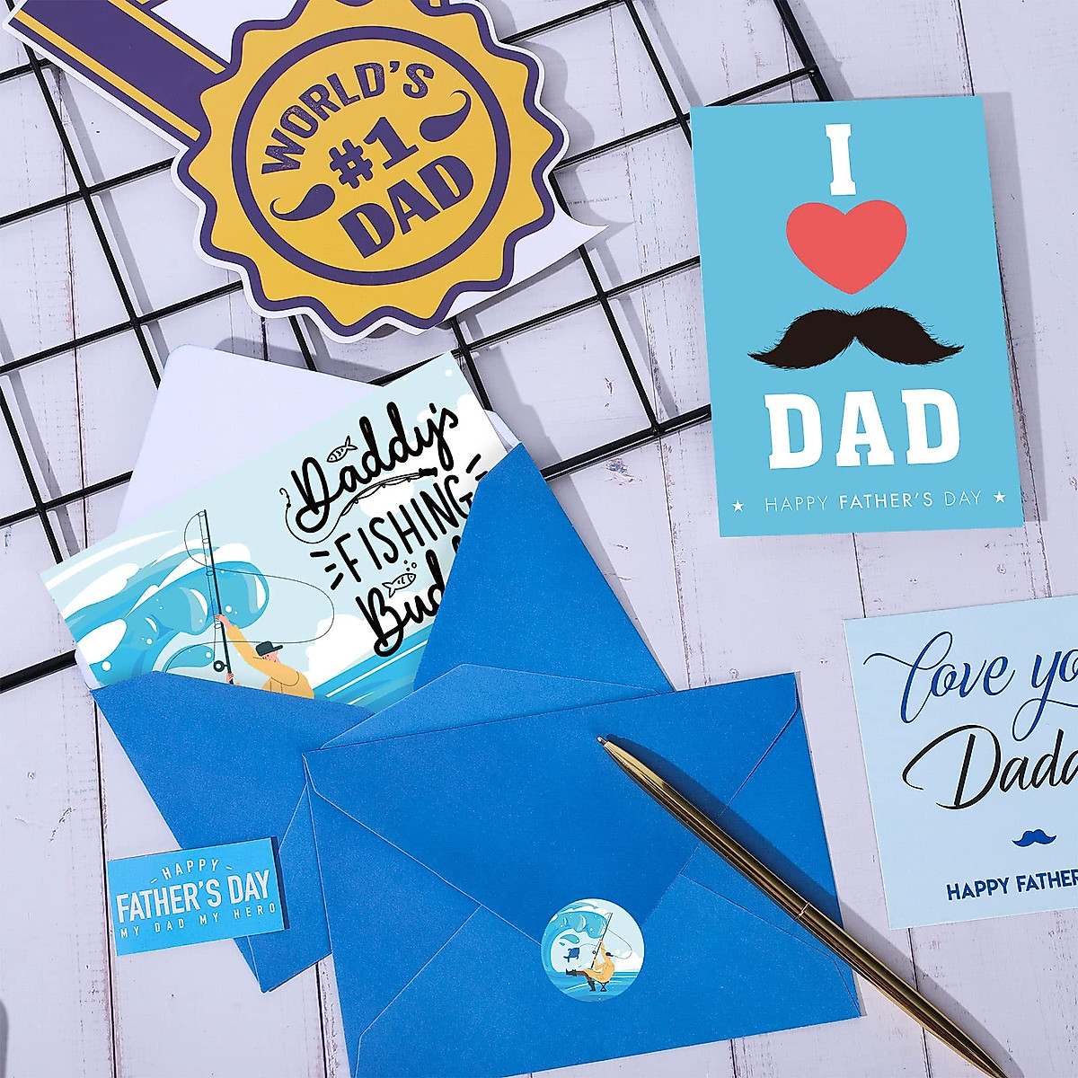Whaline 24 Pack Father's Day Greeting Cards Happy Father's Day Note Cards with Blue Envelopes & Stickers I Love Dad Gift Blank Cards for Father's Day Birthday Party Supplies, 4 x 6 Inch, 6 Design