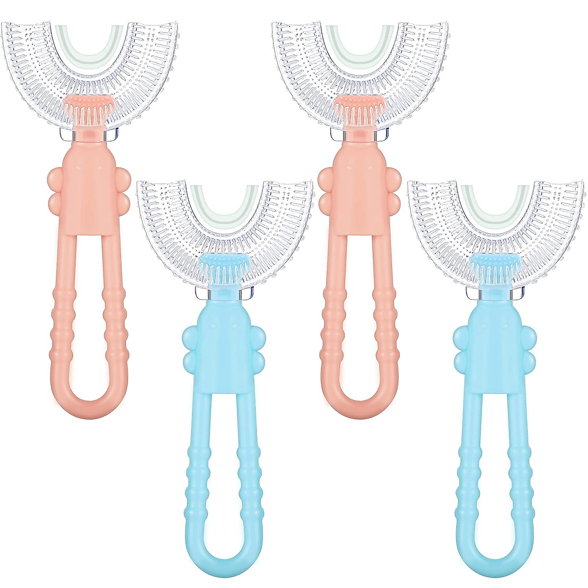 Geiserailie 4 Pack Kids U Shaped Toothbrush with Silicone Brush Head Whitening Massage Toothbrush U-Type Toothbrush Whole Mouth Toothbrush with Handle for Child (Pink Blue,Stylish Style)