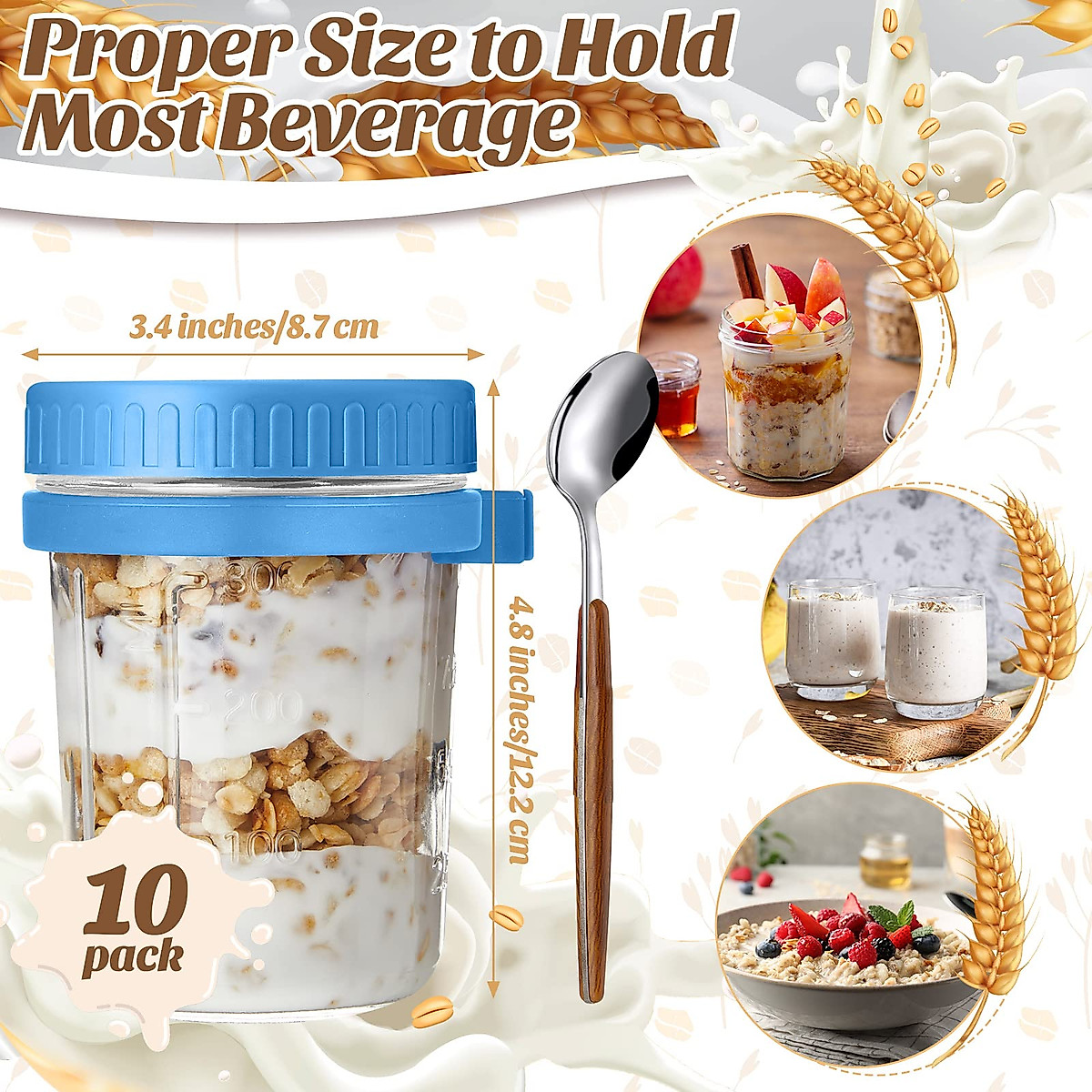 Irenare 10 Pack 10 oz Overnight Oats Containers with Lids and Spoons, Glass Airtight Oatmeal Overnight Oat Jars with Measurement Marks Airtight Jars for Milk Cereal Fruit (Blue)